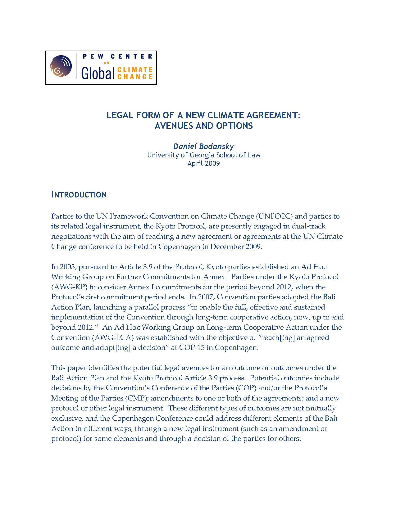 Legal Form of a New Climate Agreement: Avenues and Options | Center for ...