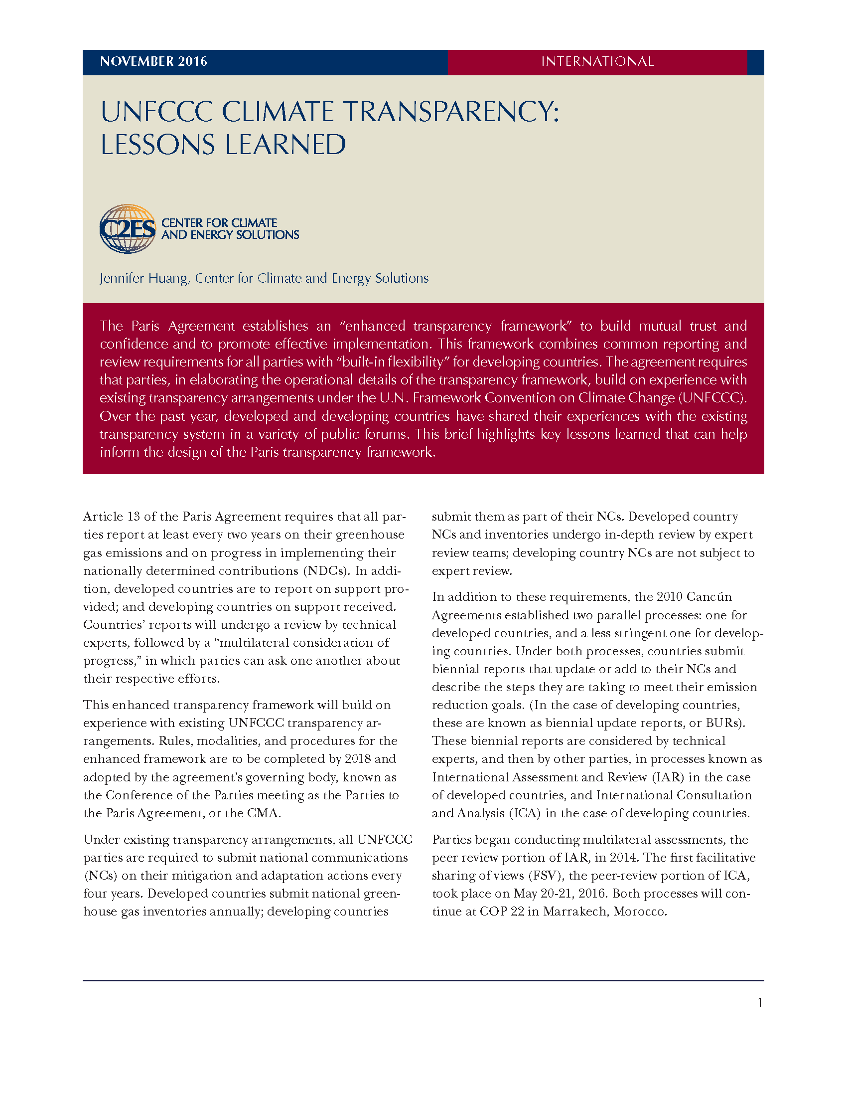 UNFCCC Climate Transparency: Lessons Learned - Center for Climate and ...