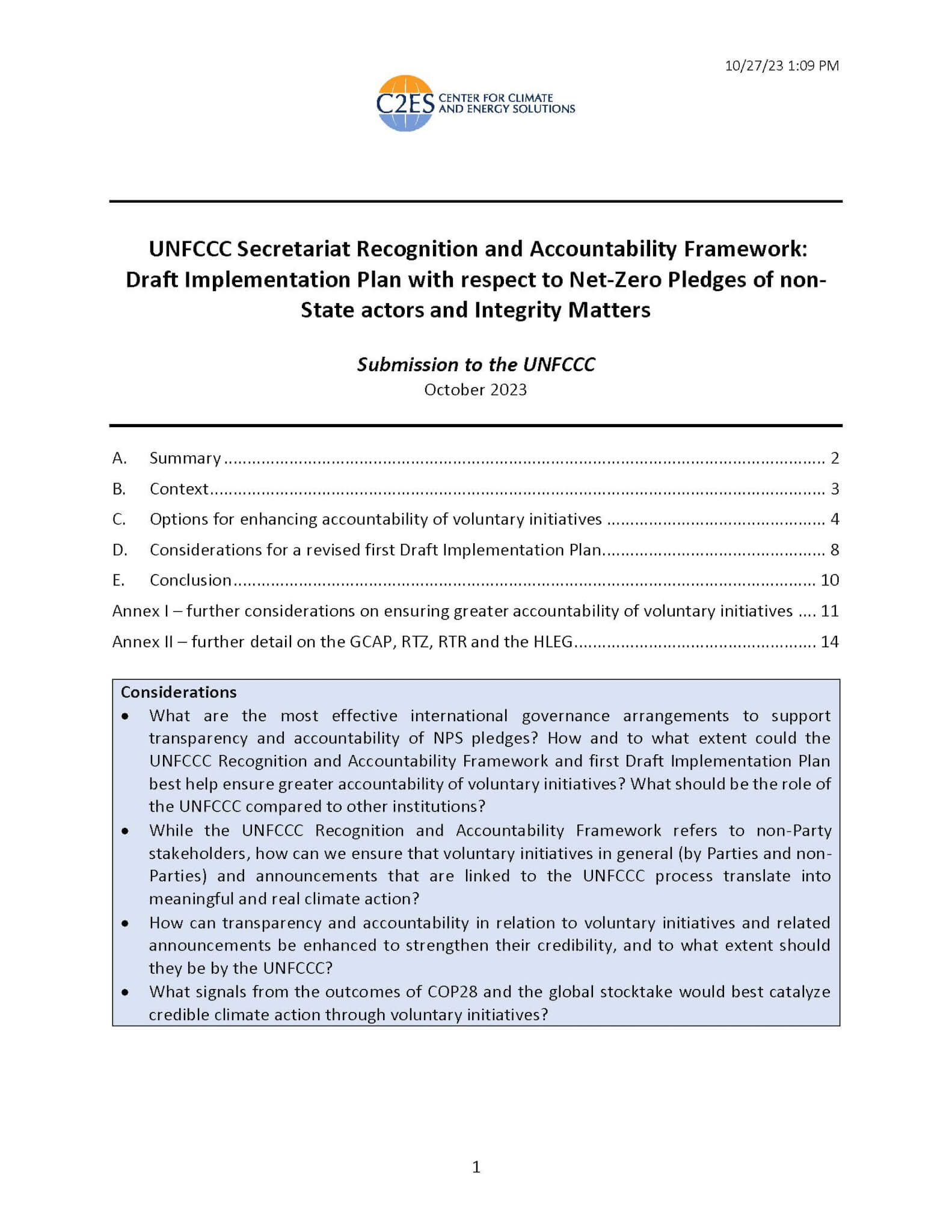 UNFCCC Recognition and Accountability Framework and Draft Implementation Plan (Technical Paper ...