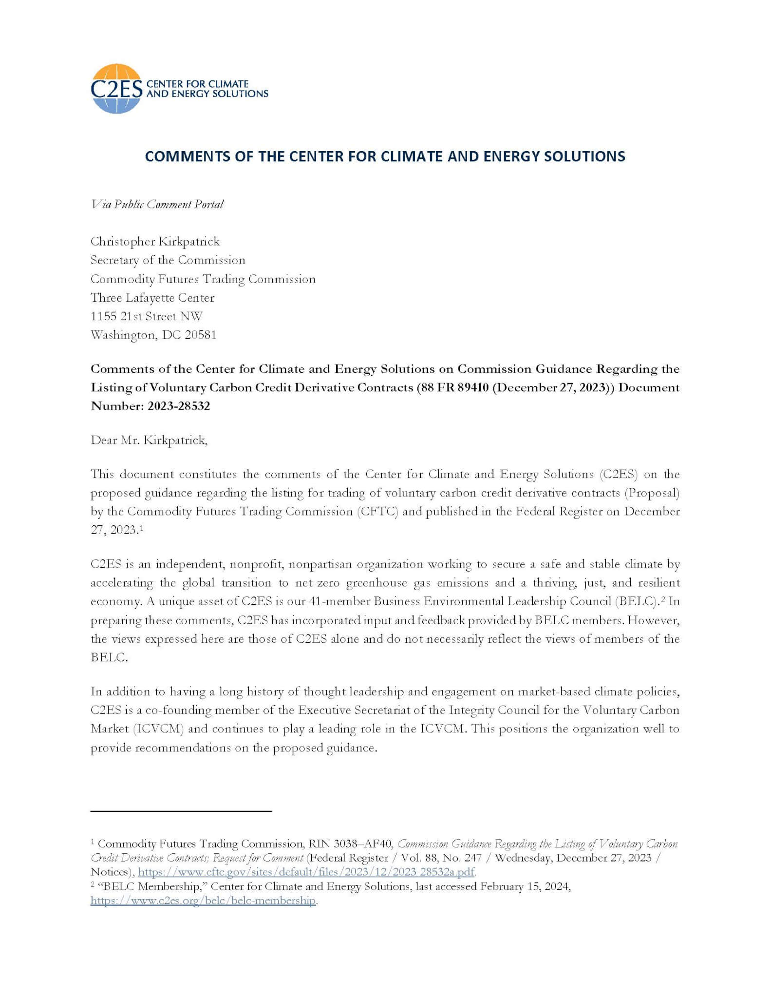 C2ES Comments on CFTC Guidance Regarding the Listing of Voluntary Carbon Credit Derivative ...