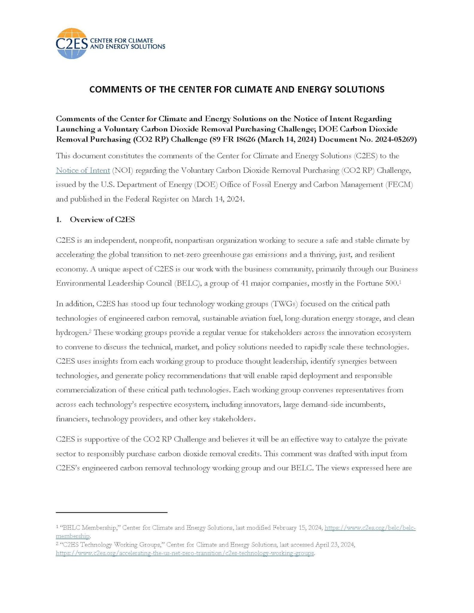 C2ES Comments on the Notice of Intent Regarding the DOE Voluntary Carbon Dioxide Removal ...